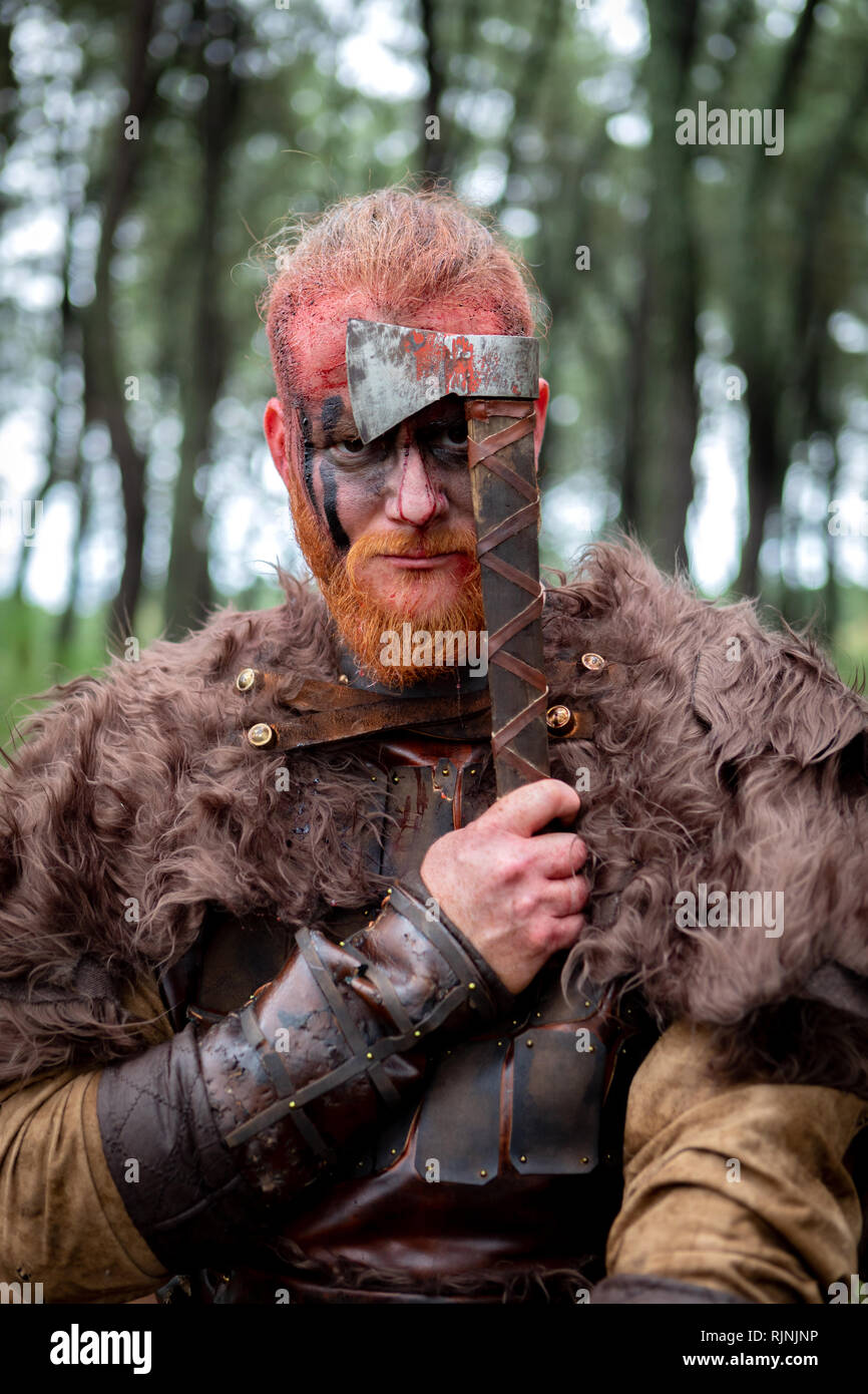 Real viking holding his ax with many trees around Stock Photo - Alamy