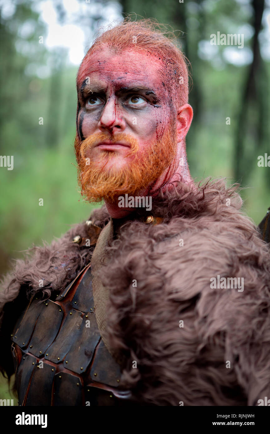 Real viking in the countryside with many trees around Stock Photo - Alamy