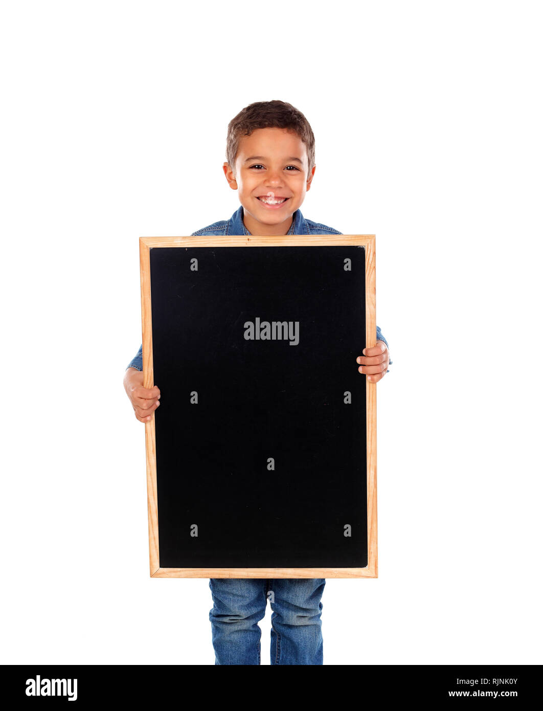 Happy child holding a blank slate isolated on a white background Stock ...