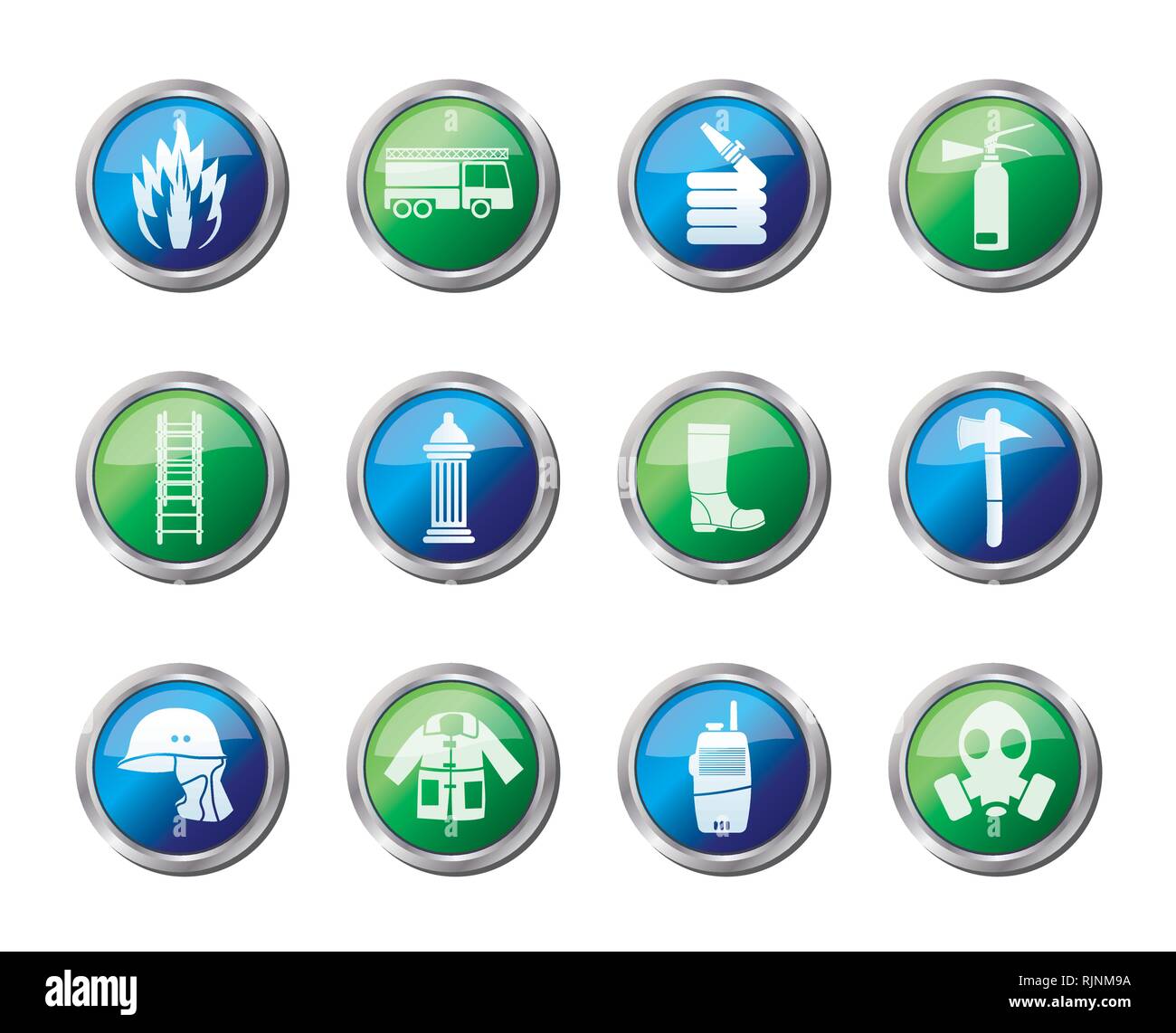 Fire-brigade and fireman equipment icons over colored background ...
