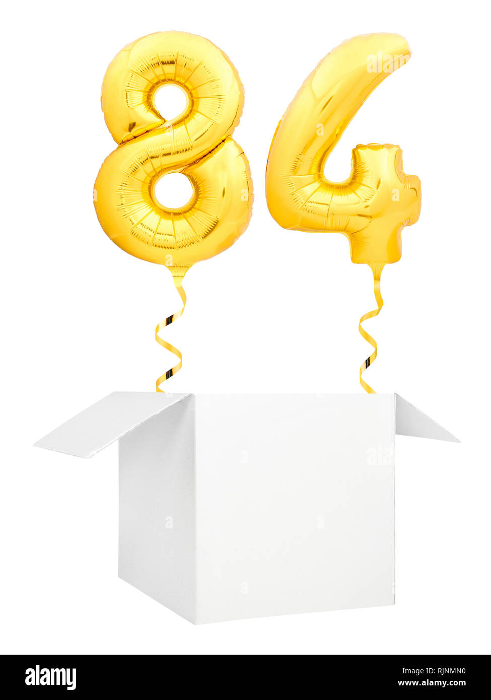 Golden number eighty four inflatable balloon with golden ribbon flying ...