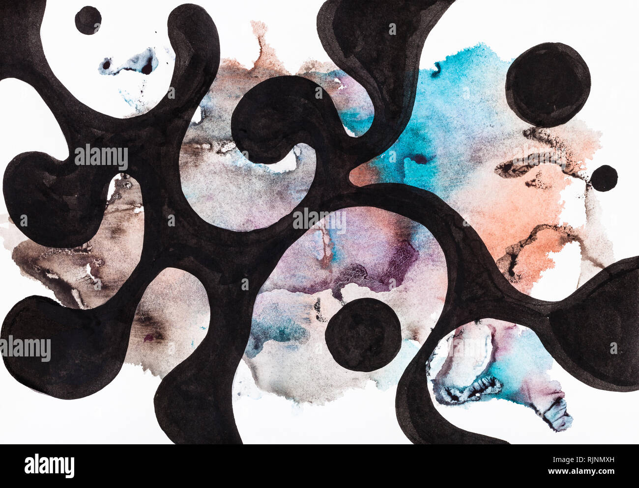 abstract black pattern hand drawn by black ink above painted imprint on ...