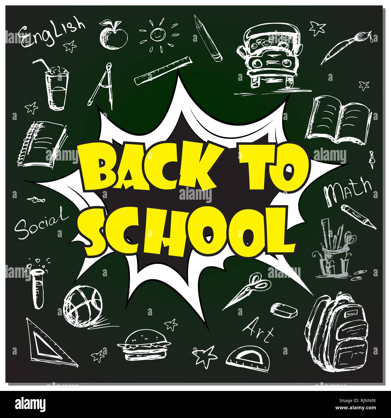 Comic pop art text - back to school background with school objects and ...