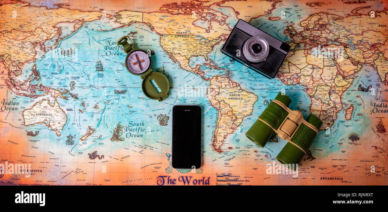 Map of world with accessories Stock Photo - Alamy
