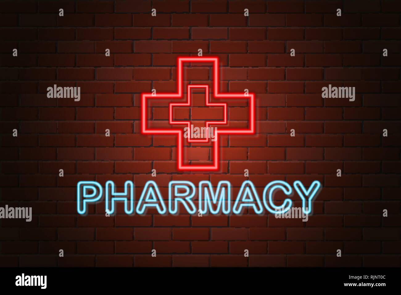 glowing neon signboard pharmacy vector illustration on brick wall ...