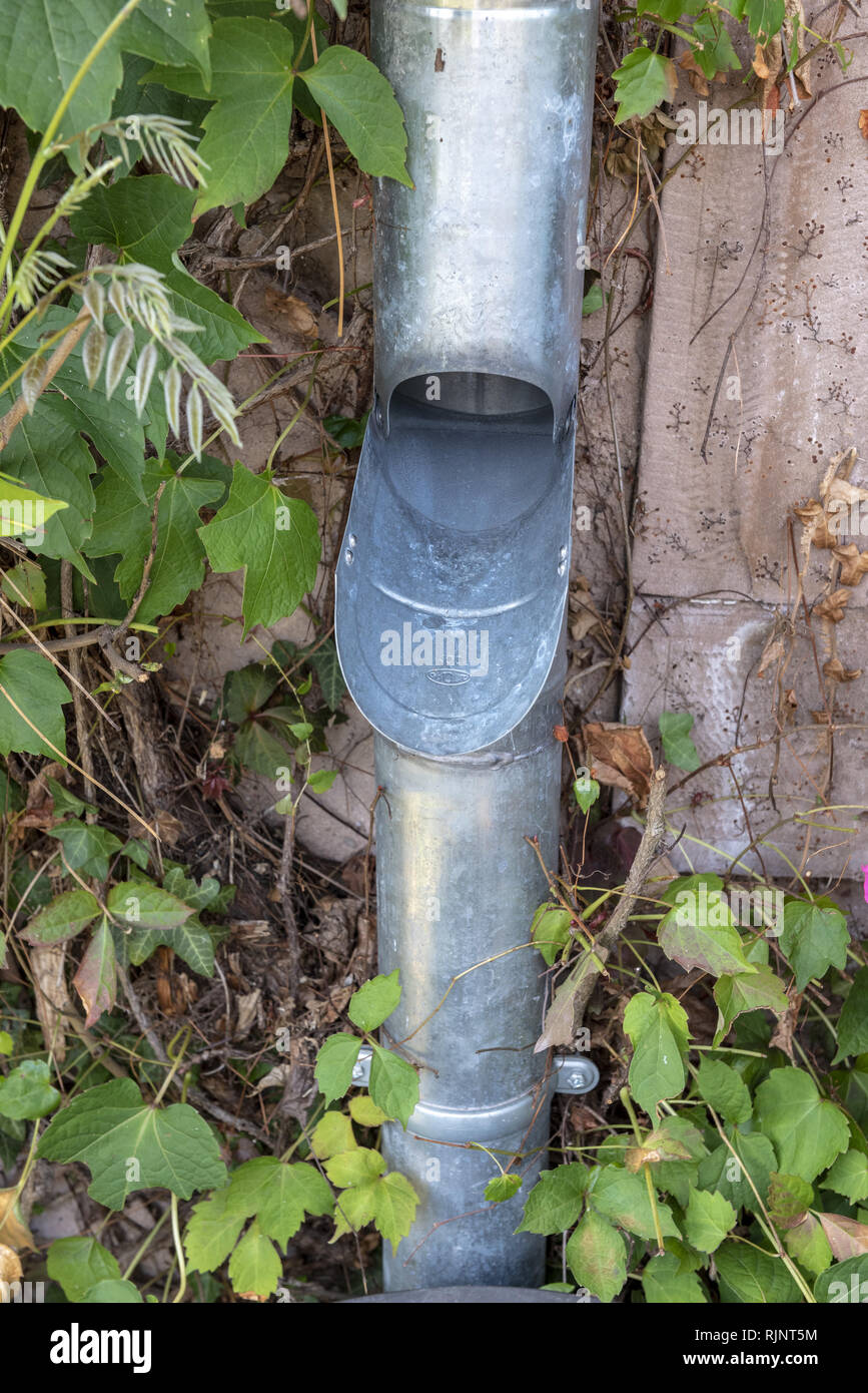 Water recovery valve with zinc flap on a gutter, summer, Moselle ...