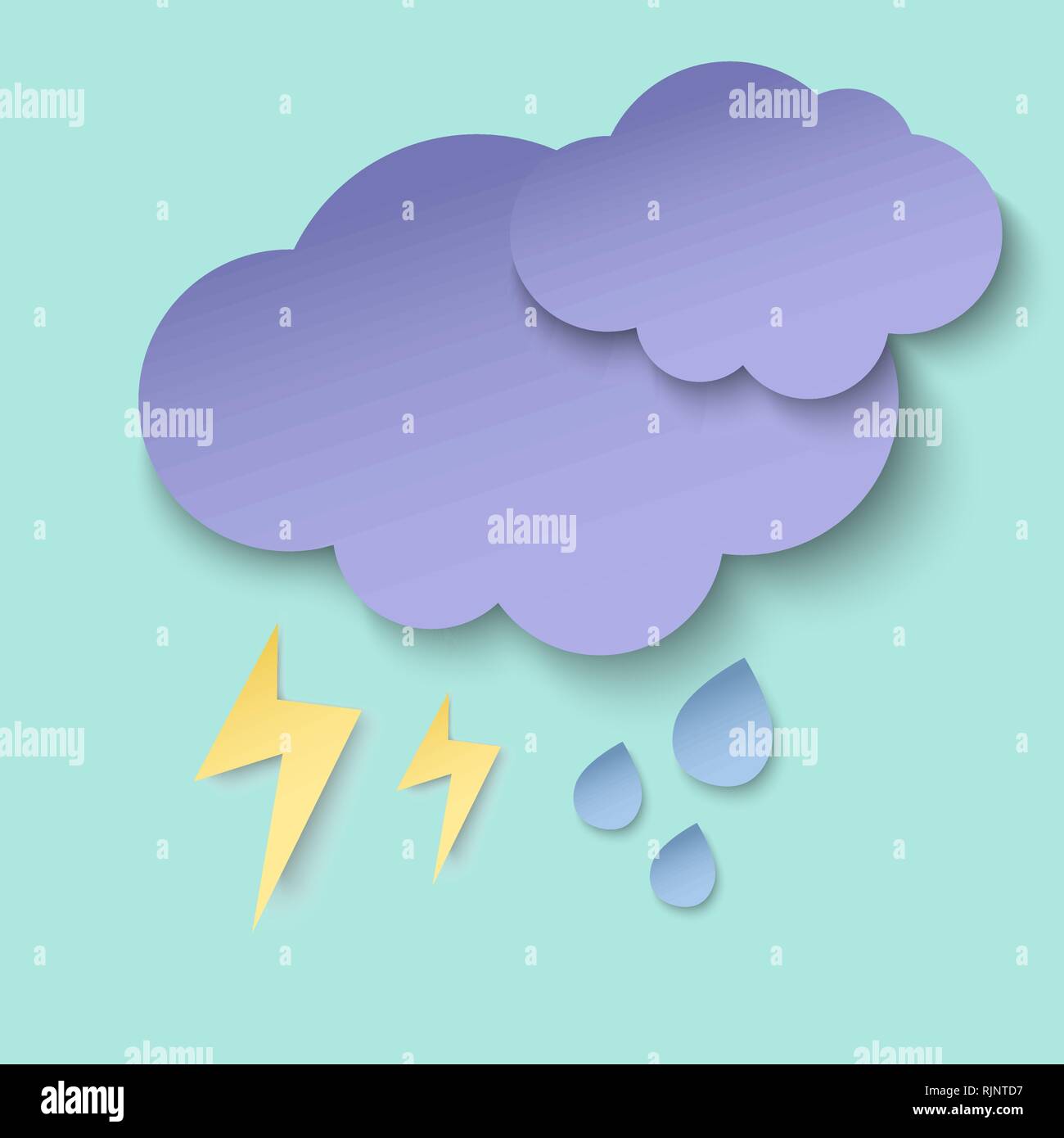 Dark paper cut clouds, lightning and rain drops. 3d paper art style ...