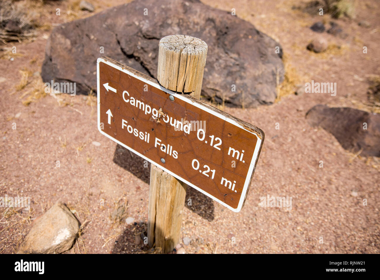 Sign at the Fossil Falls area in California, giving visitors directions ...