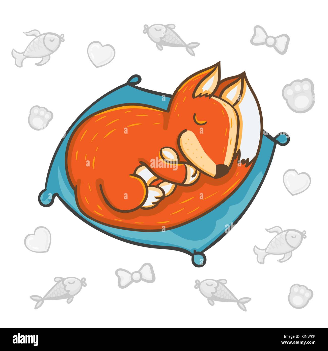 Vector in line style. Cute baby fox sleep or dreaming in cartoon style ...