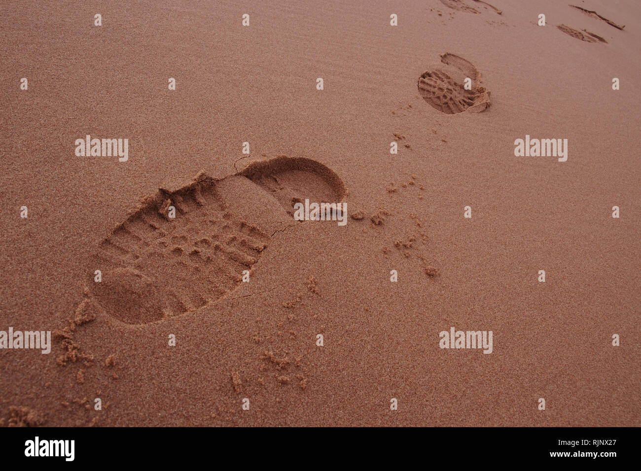 Walking boot prints in damp sand on a sandy beach approaching the ...