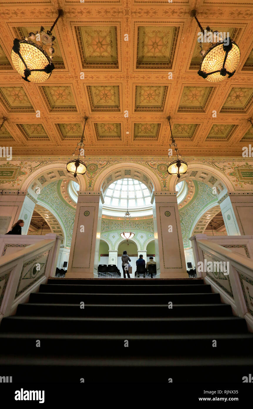 The main staircases of Chicago Culture Center.with the Tiffany glass ...
