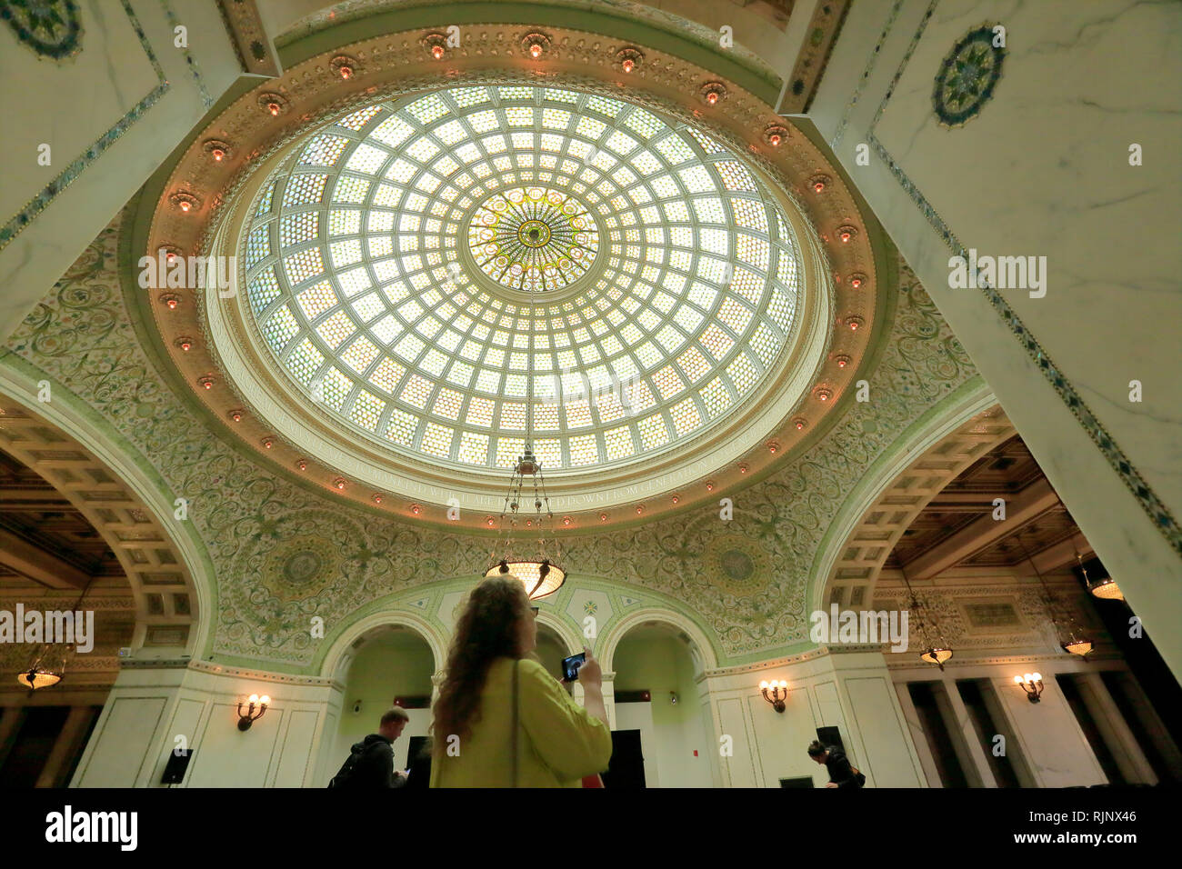 Interior view of Chicago Culture Center.with the Tiffany glass dome in ...