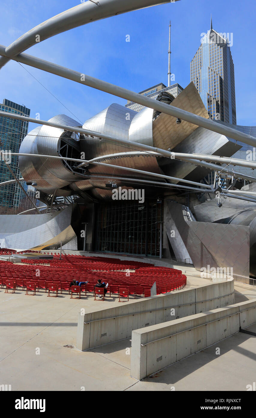Jay Pritzker Pavilion designed by Frank Gehry in Millennium Park with ...