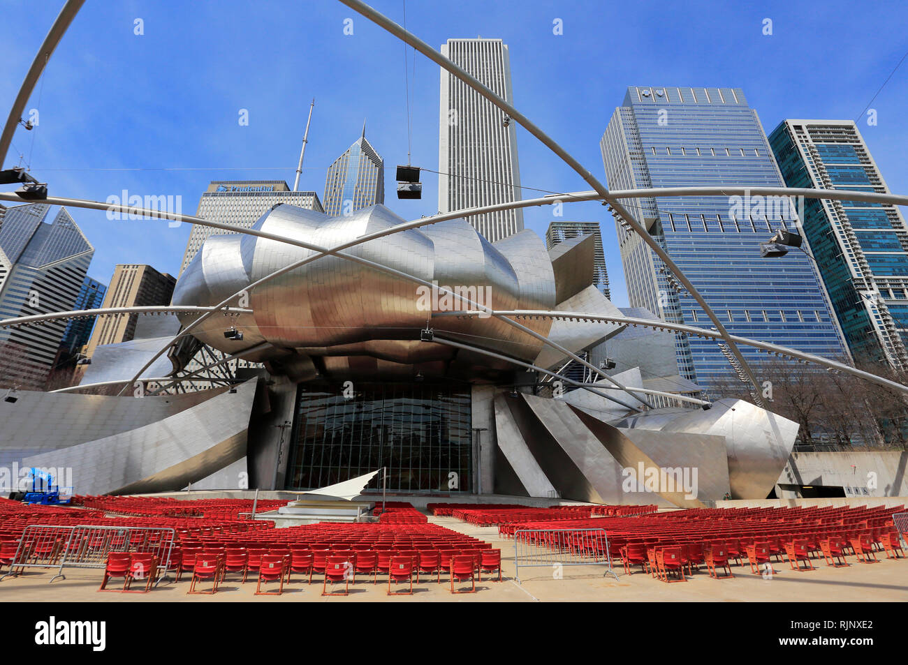 Jay Pritzker Pavilion designed by Frank Gehry in Millennium Park with ...