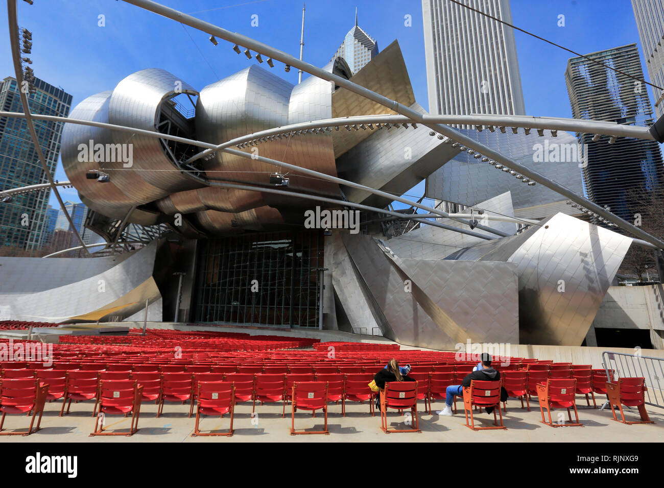 Jay Pritzker Pavilion designed by Frank Gehry in Millennium Park with ...
