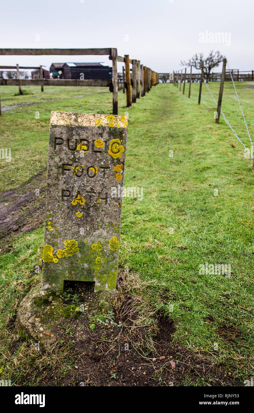 Public footpath stone sign looking weather beaten and covered in moss ...