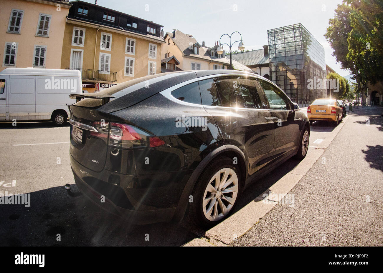 CHAMBERY, FRANCE - CIRCA 2018: Rear view of Luxury Tesla Model X ...