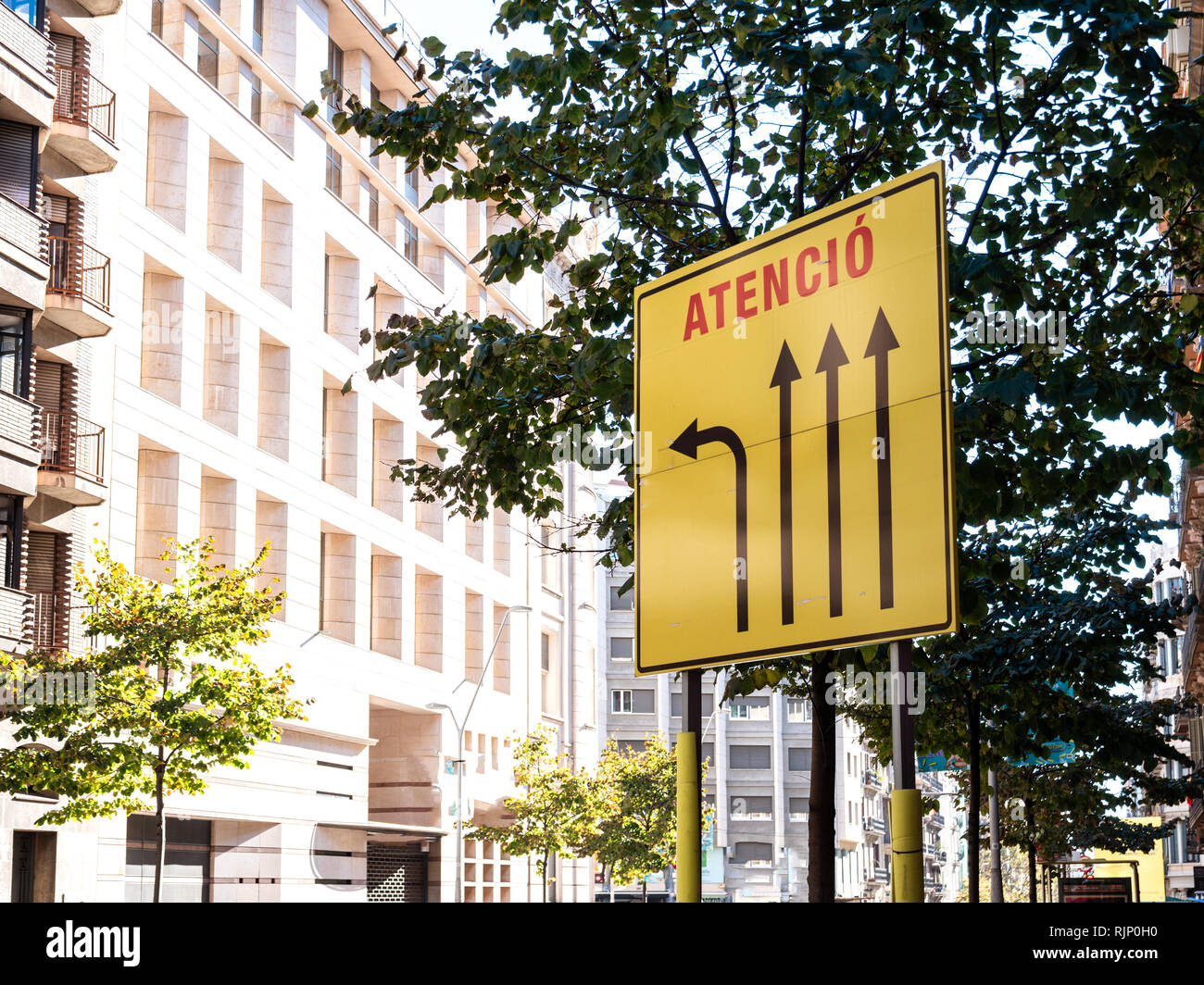 From below shot of yellow bus station sign attracting attention to ...