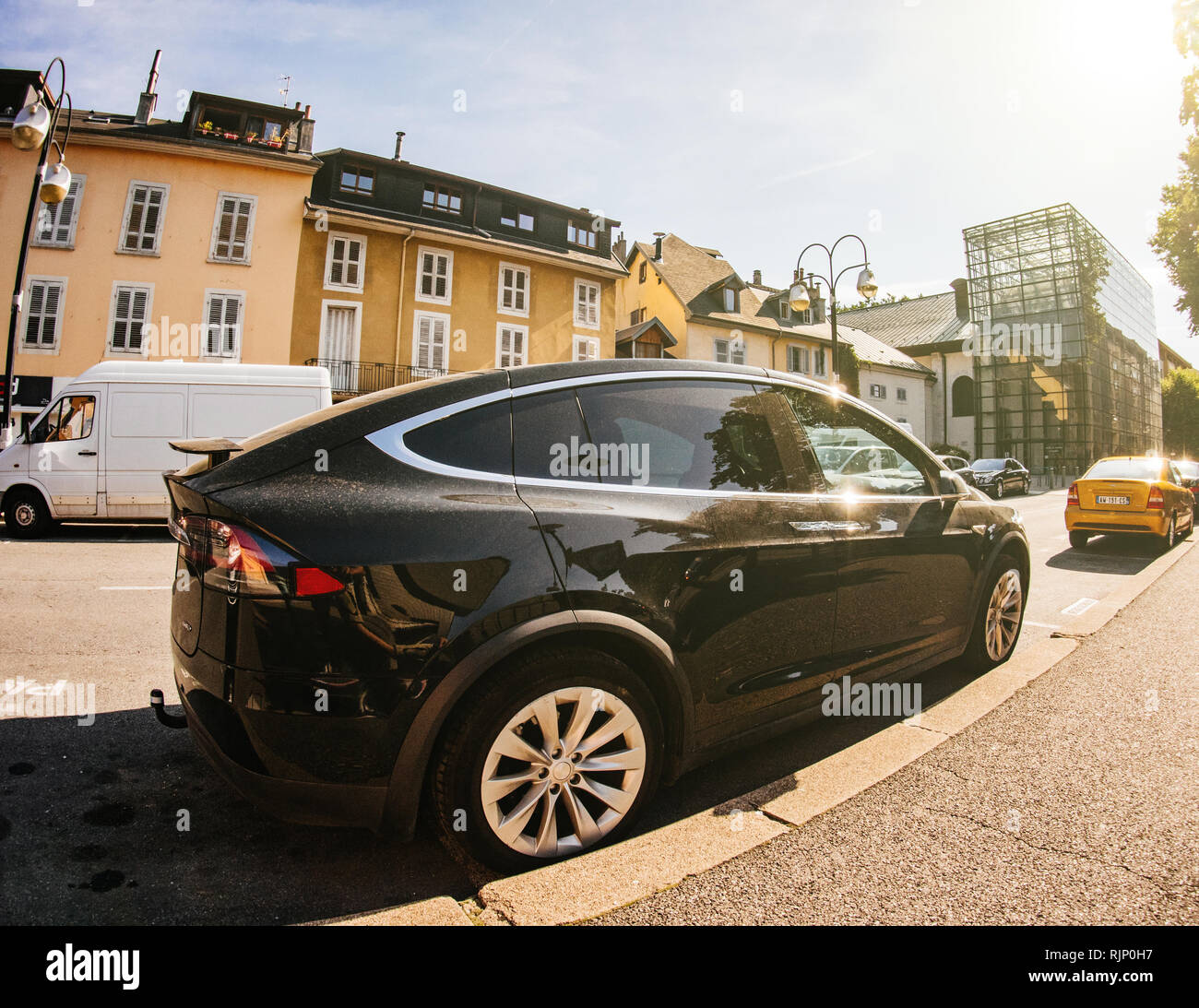 CHAMBERY, FRANCE - CIRCA 2018: Side view rear Luxury Tesla Model X ...