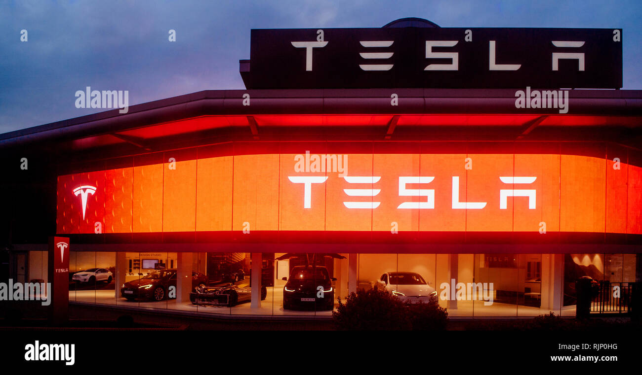LONDON, UNITED KINGDOM MAR 8, 2017: Modern Tesla Motors showroom with ...