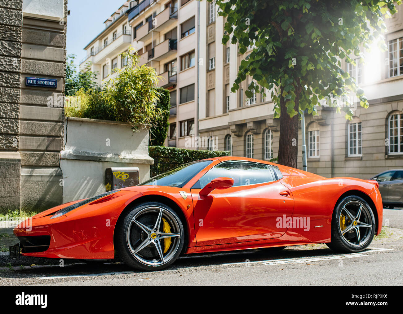 STRASBOURG, FRANCE - MAY 28, 2018: Side view of expensive luxury car of ...