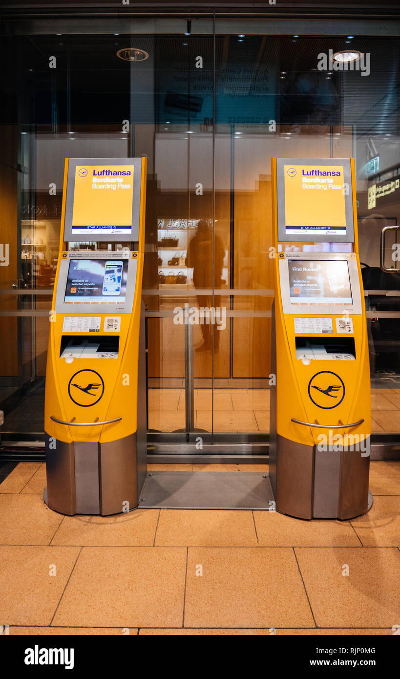 HAMBURG, GERMANY - MAR 22, 2018: Yellow electronic terminals for check ...