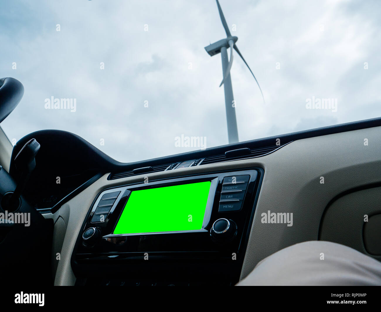 View from the car of large infotainment GPS dashboard system and large ...