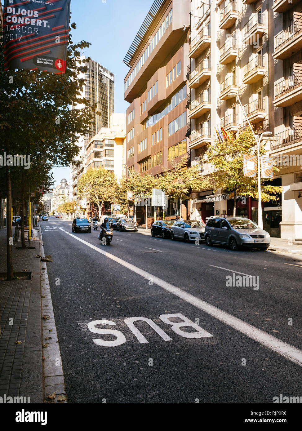 BARCELONA, SPAIN - OCT 11, 2017: View of Barcelona street with modern ...