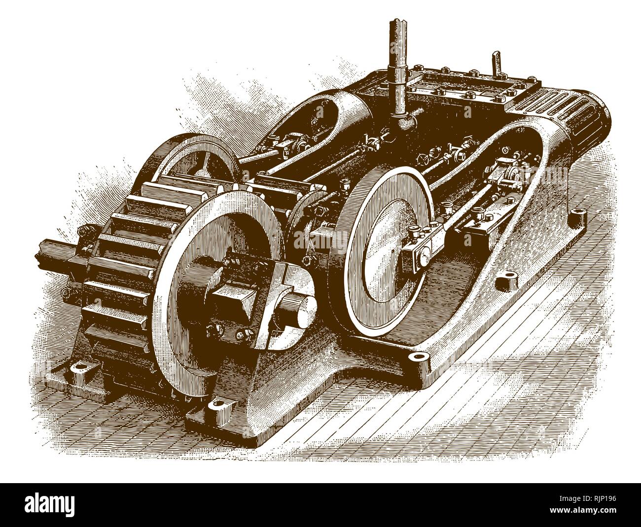 Historic twin engine (after an engraving or etching from the 19th ...