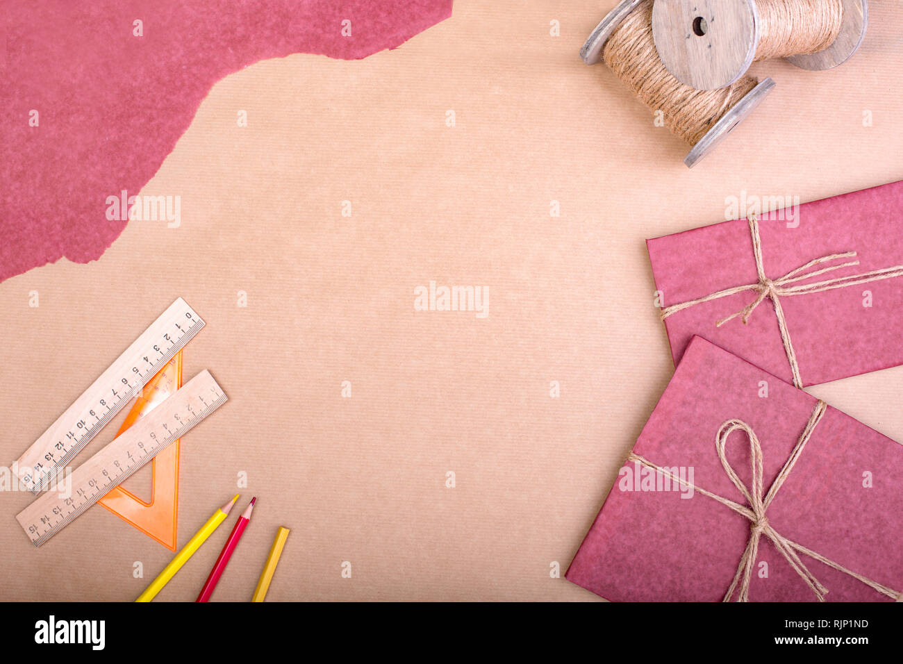 Gift wrapping set on beige . A set of items for gift decoration. Flat ...