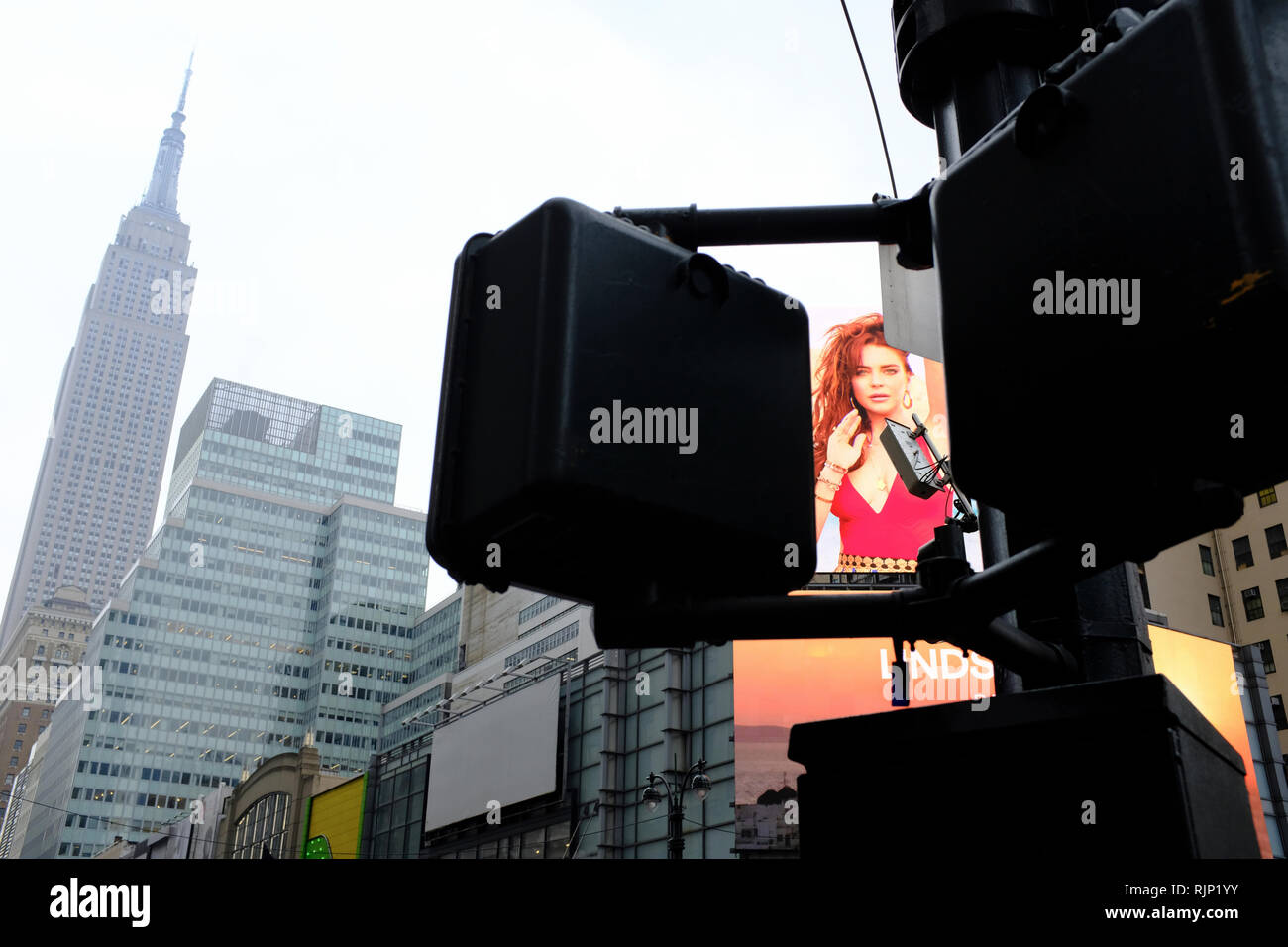 Midtown Manhattan street view with LED advertising screen, street lamps ...