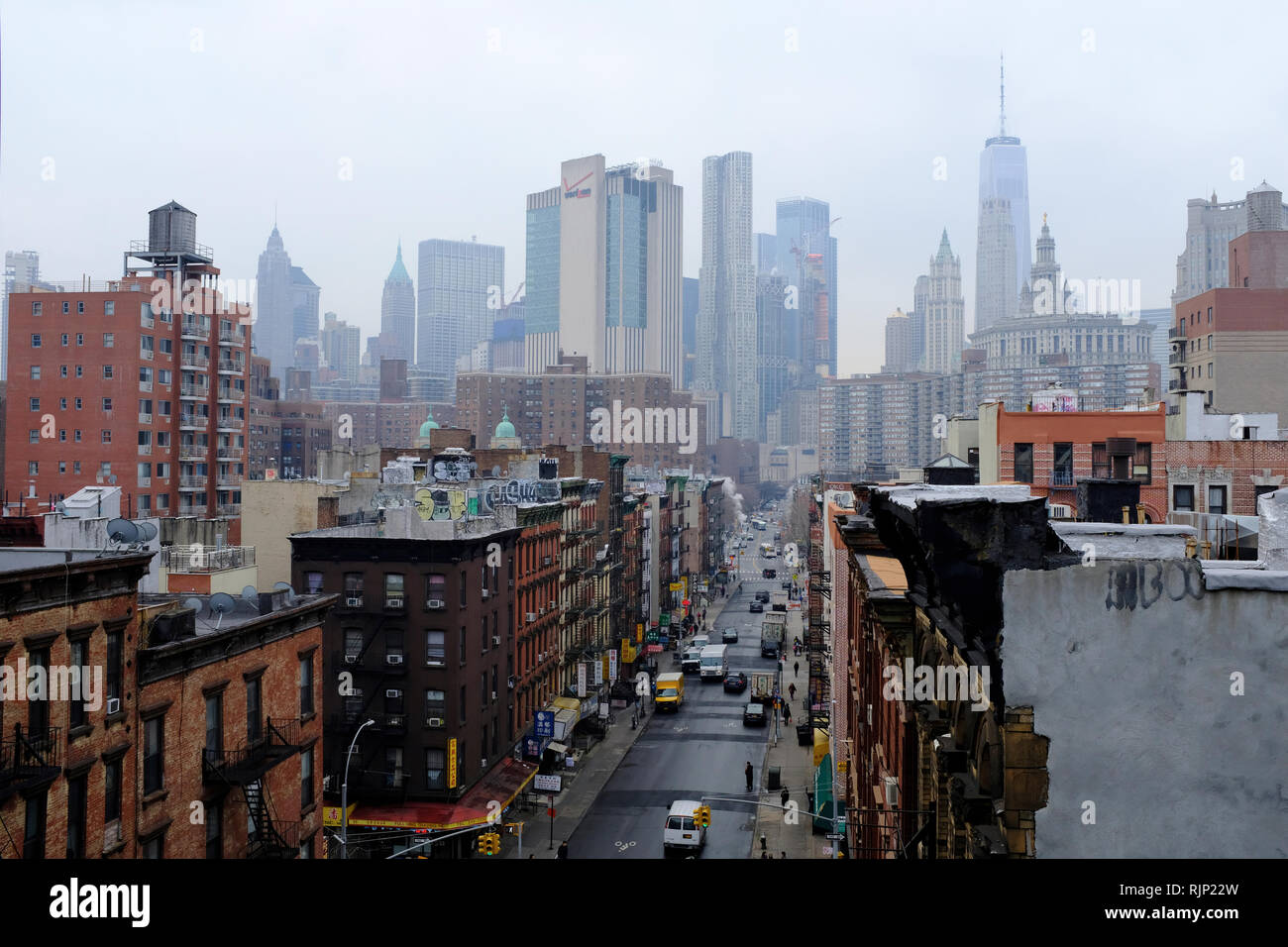 The view of East Broadway in Chinatown in Lower Manhattan with One ...
