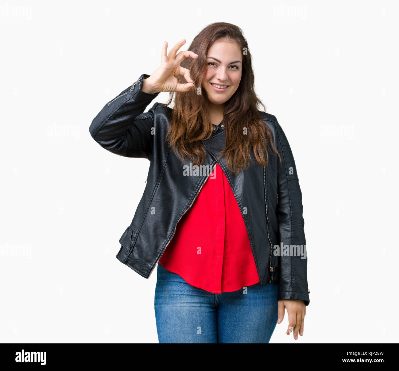 Beautiful plus size young woman wearing a fashion leather jacket over ...