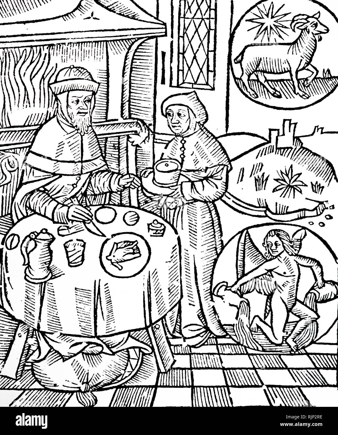 A woodcut engraving depicting a servant bringing food to his master ...