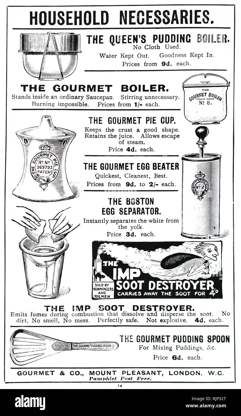 An advertisement for various kitchen gadgets. Dated 20th century Stock ...
