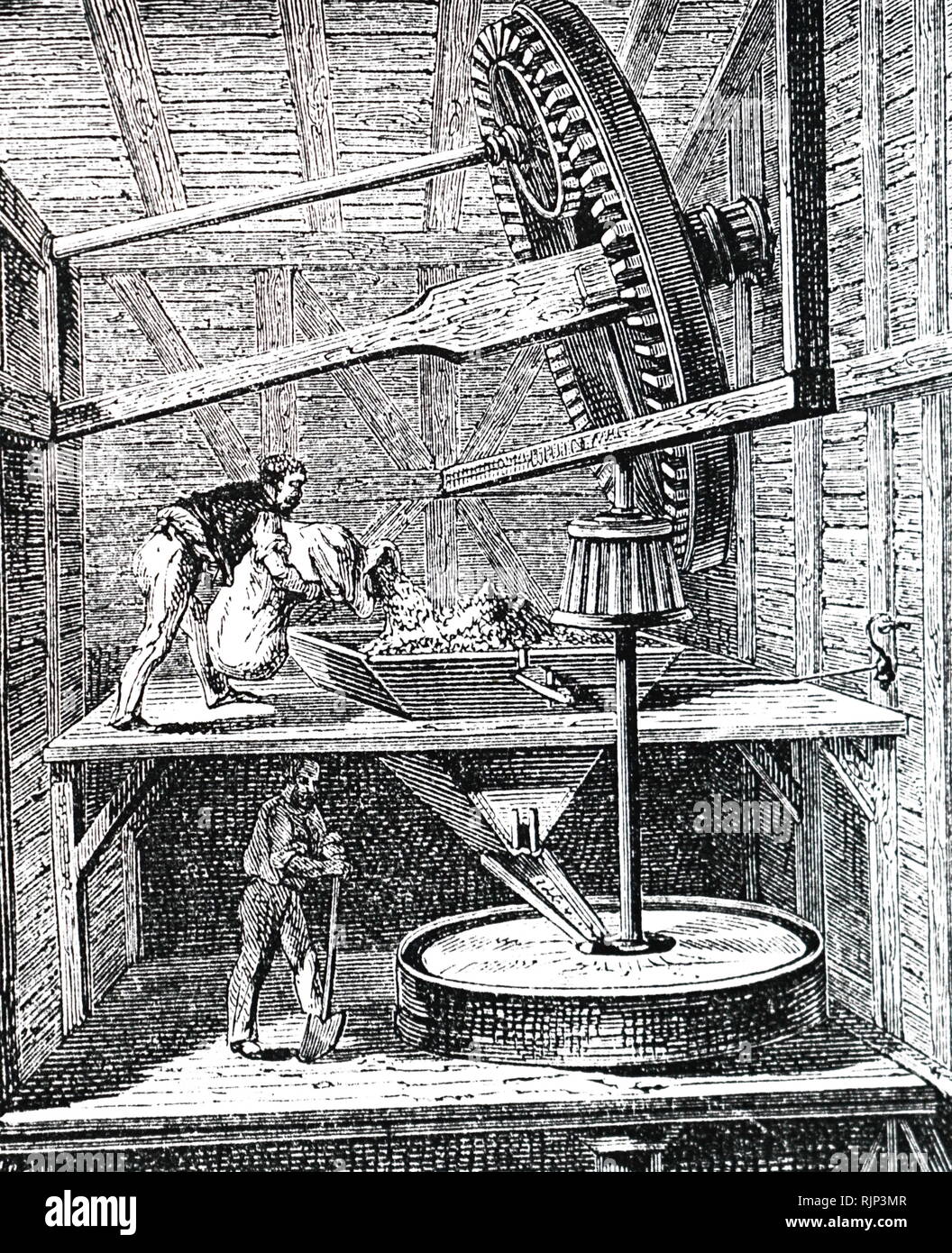 An engraving depicting a sectional view of a windmill (post mill) for ...