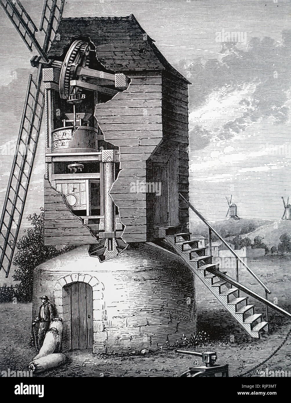 An engraving depicting a windmill (post mill) for grinding corn. Dated ...