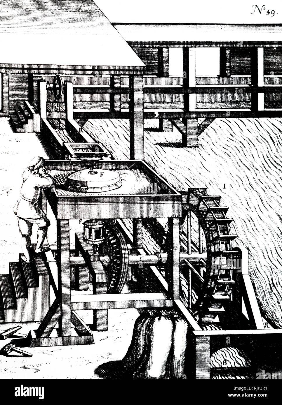 A woodcut engraving depicting a corn mill powered by an undershot water ...