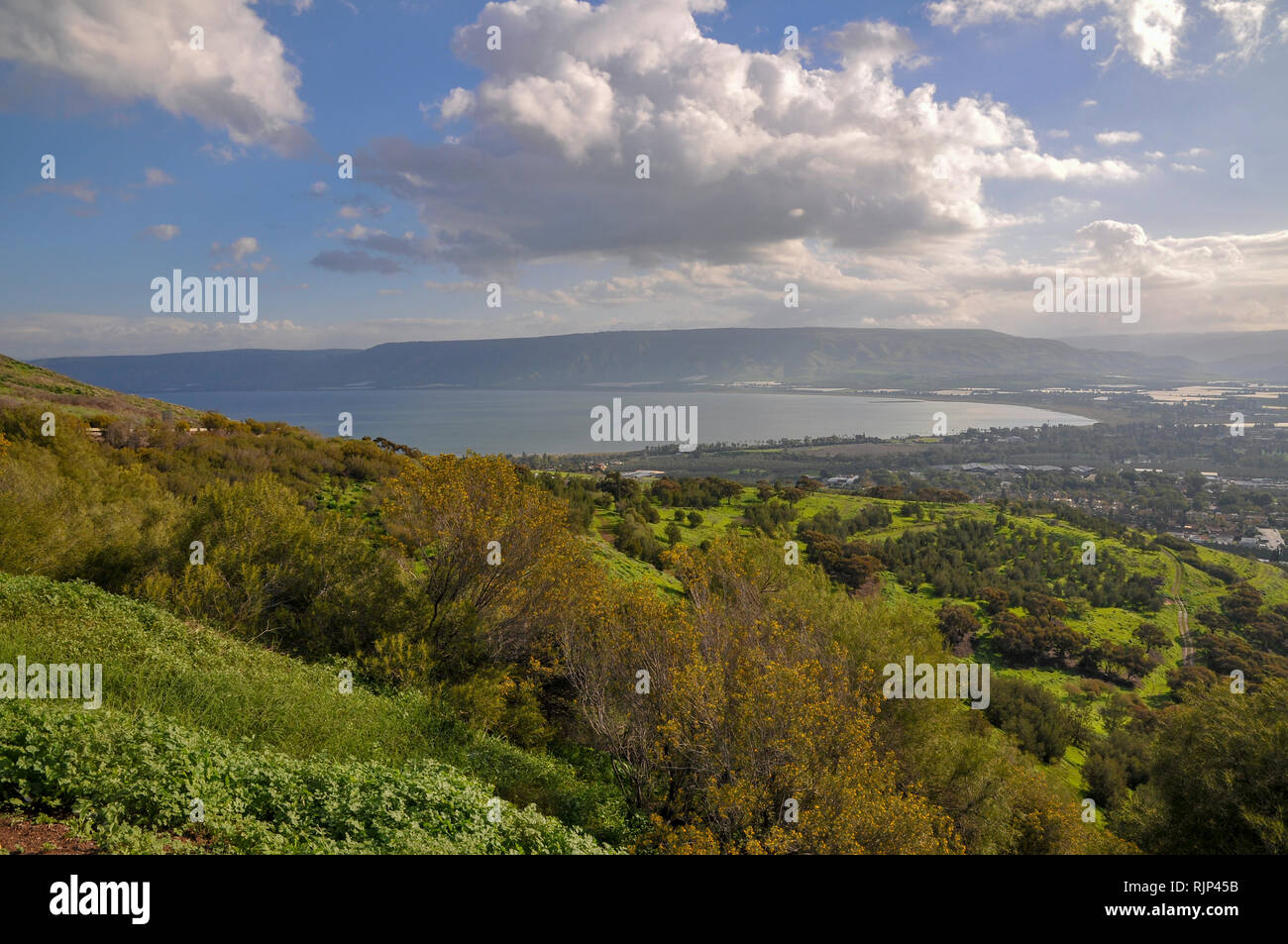 Israel, Lower Galilee, view of the Sea of Galilee from west. Golan ...