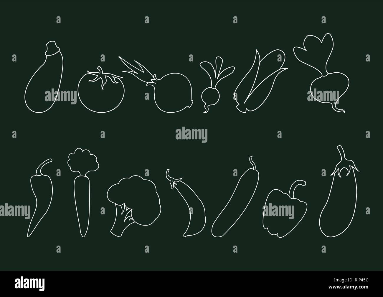 contours of vegetables set. corncob, radish, beet, pea pod, zucchini ...