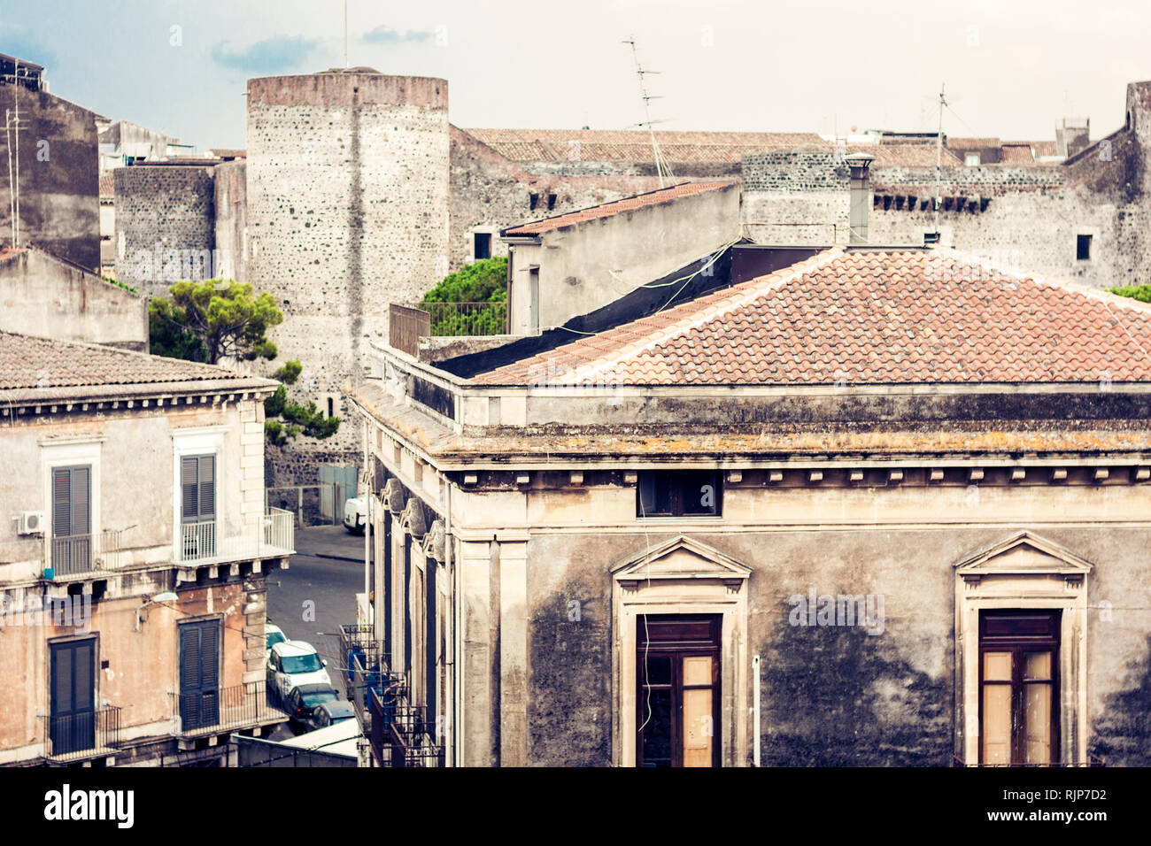 Catania rooftops, aerial cityscape, traditional architecture of Sicily ...