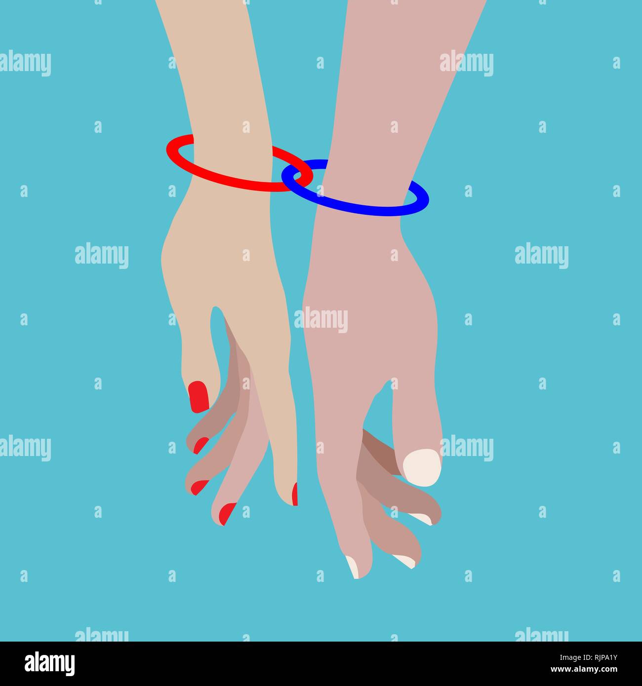 Two rings connect the hands of a couple in love. Male and female hands ...