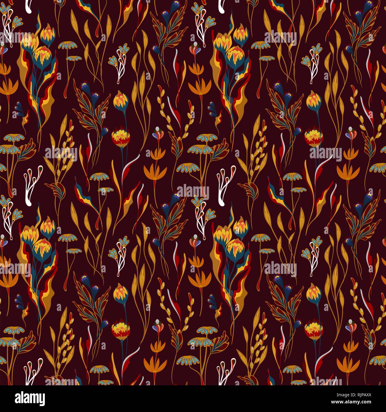 Unusual bright floral pattern with hand draw fantasy flowers. Vector ...