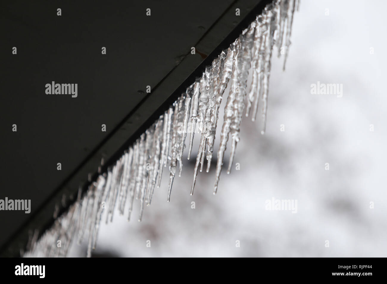 Hanging icicles after a freezing rain weather phenomenon Stock Photo ...
