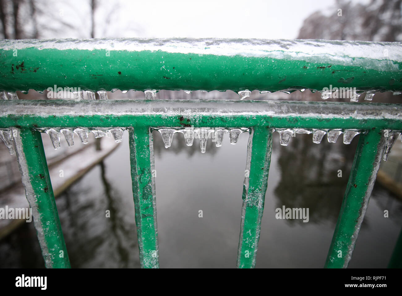 Hanging icicles after a freezing rain weather phenomenon Stock Photo ...