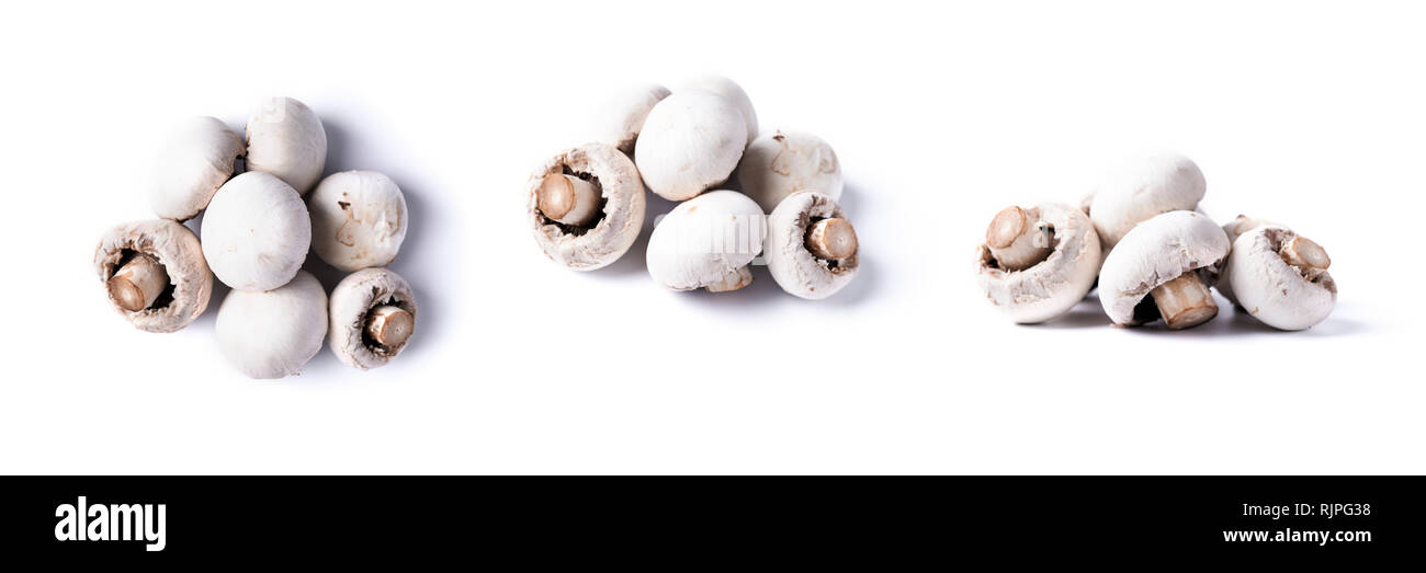 peeled raw whole champignons isolated on white background, three types ...