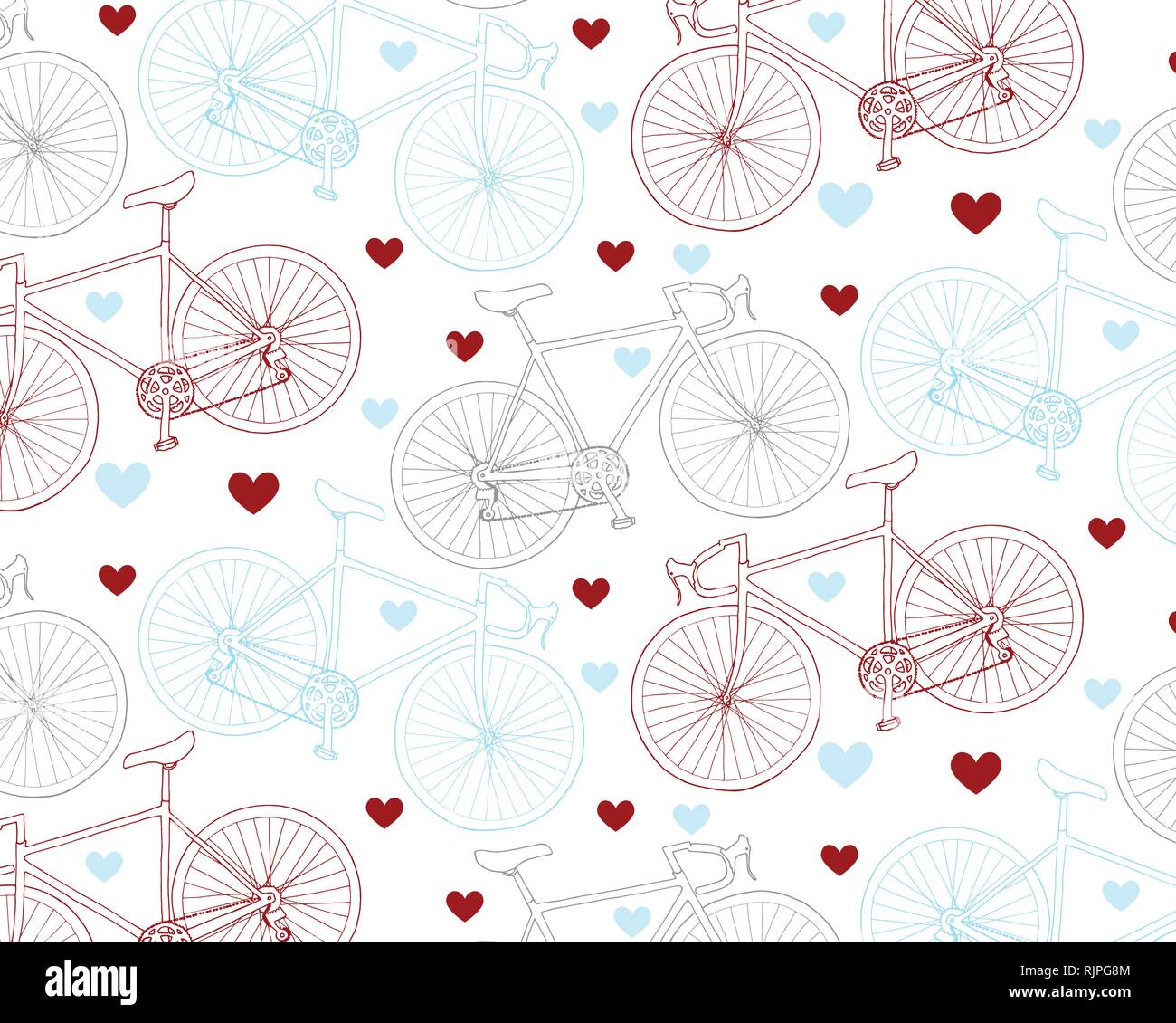 Bicycle and hearts pattern in red and blue colors palette on white ...
