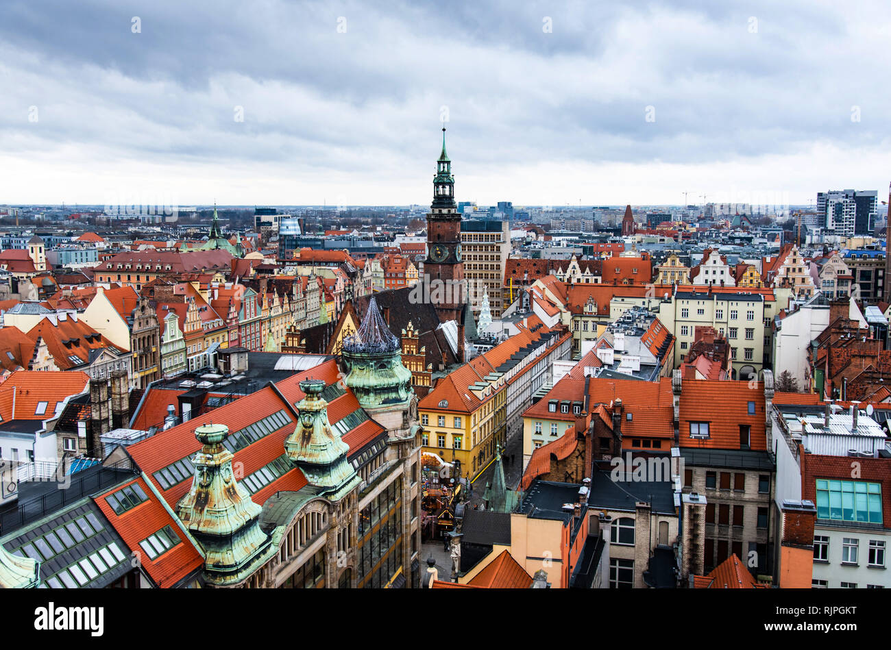 Landmark view of Wroclaw red rooftops and cathedrals in Poland Stock ...
