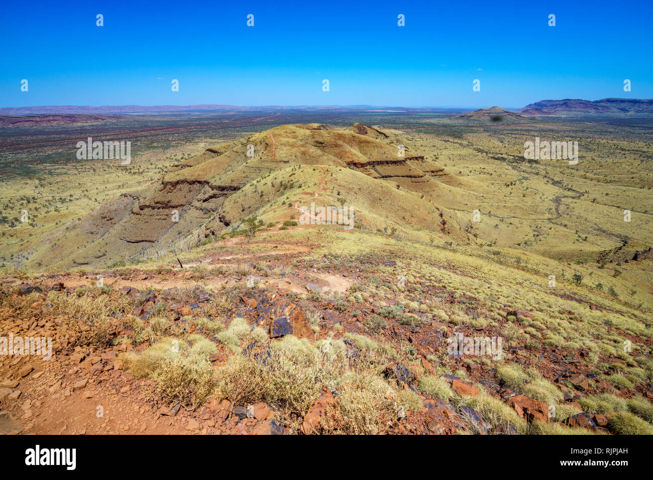 hiking on mount bruce in the desert of karijini national park, western ...