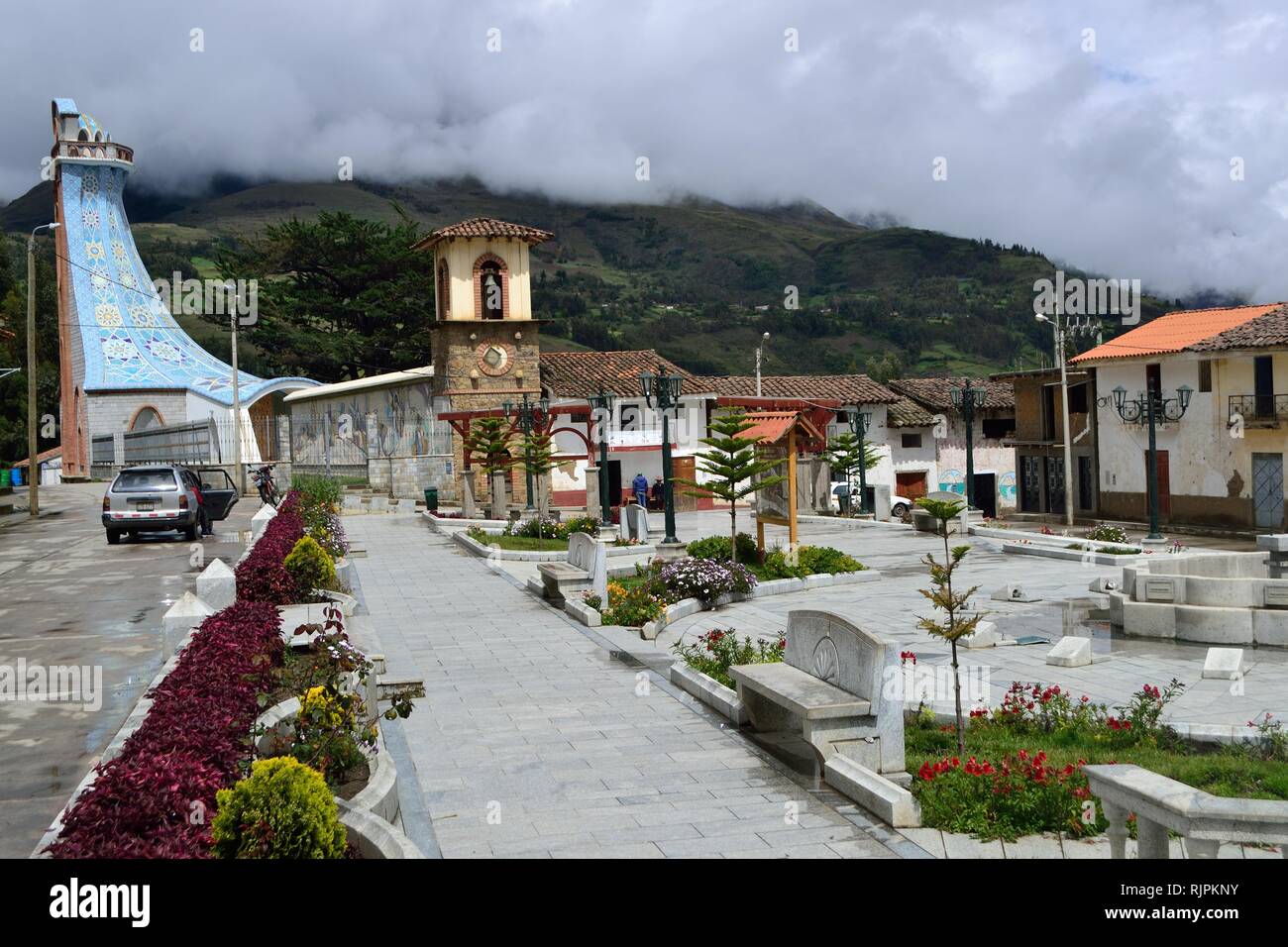 Main square in YANAMA - National park HUASCARAN. Department of Ancash ...